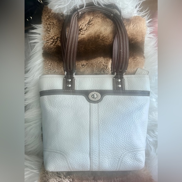 Coach | Bags | Coach Hampton Tote White Leather Brown Handbag Purse ...